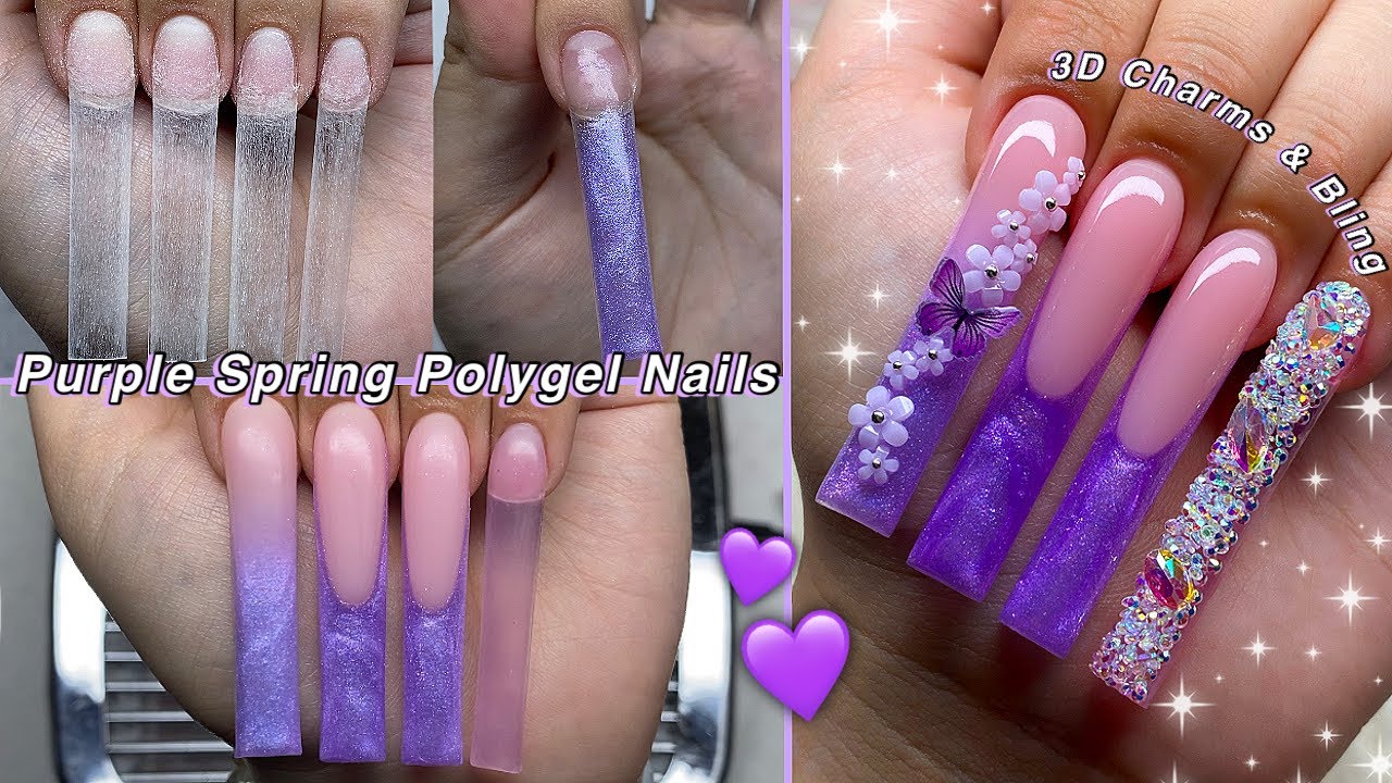 GLITTER PURPLE SPRING POLYGEL NAILS💜 HOW TO FRNECH TIP & 3D CHARMS ...