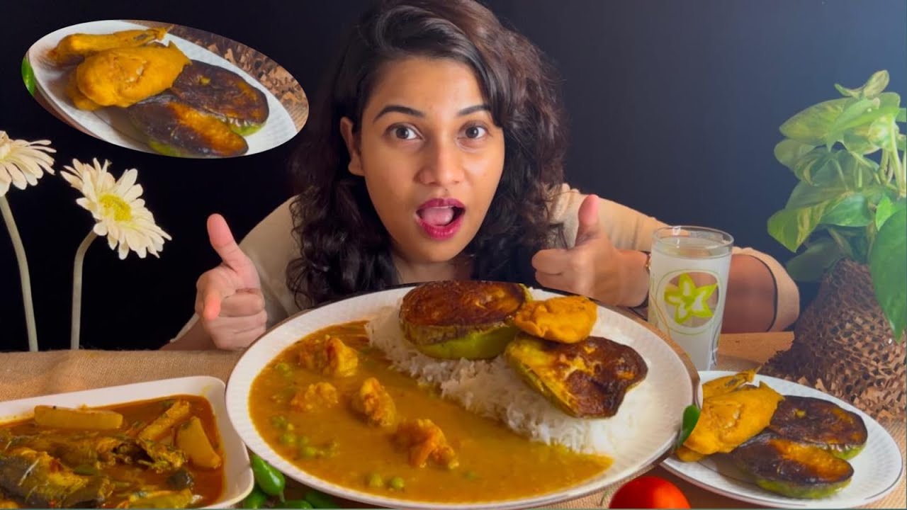 EATING SHOW | RICE, DAL CHINGRI, BRINJAL FRY, TOPSE FRY, MACHER JHOL | MUKBANG | ASMR - YouTube