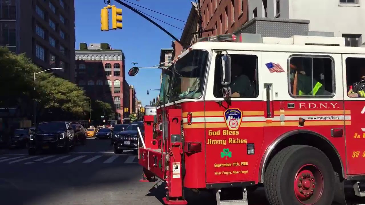 FDNY ENGINE 7 & FDNY TOWER LADDER 1 RESPONDING ON N. MOORE STREET IN ...