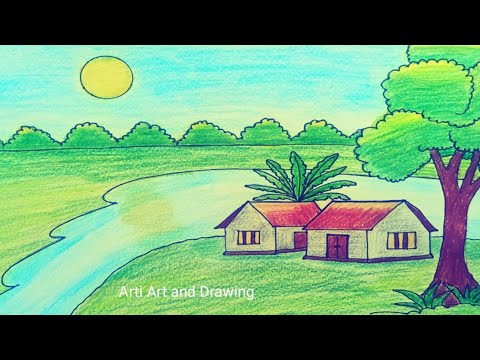 Easy Village Riverside Scenery Drawing with pencil colour /#art - YouTube