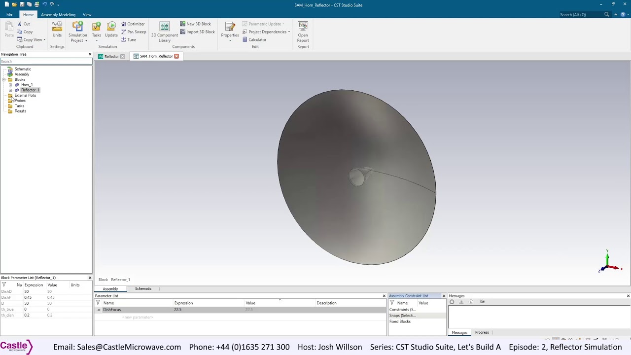 CST Studio How to Build A S1E2: Reflector Antenna & Use the Hybrid ...