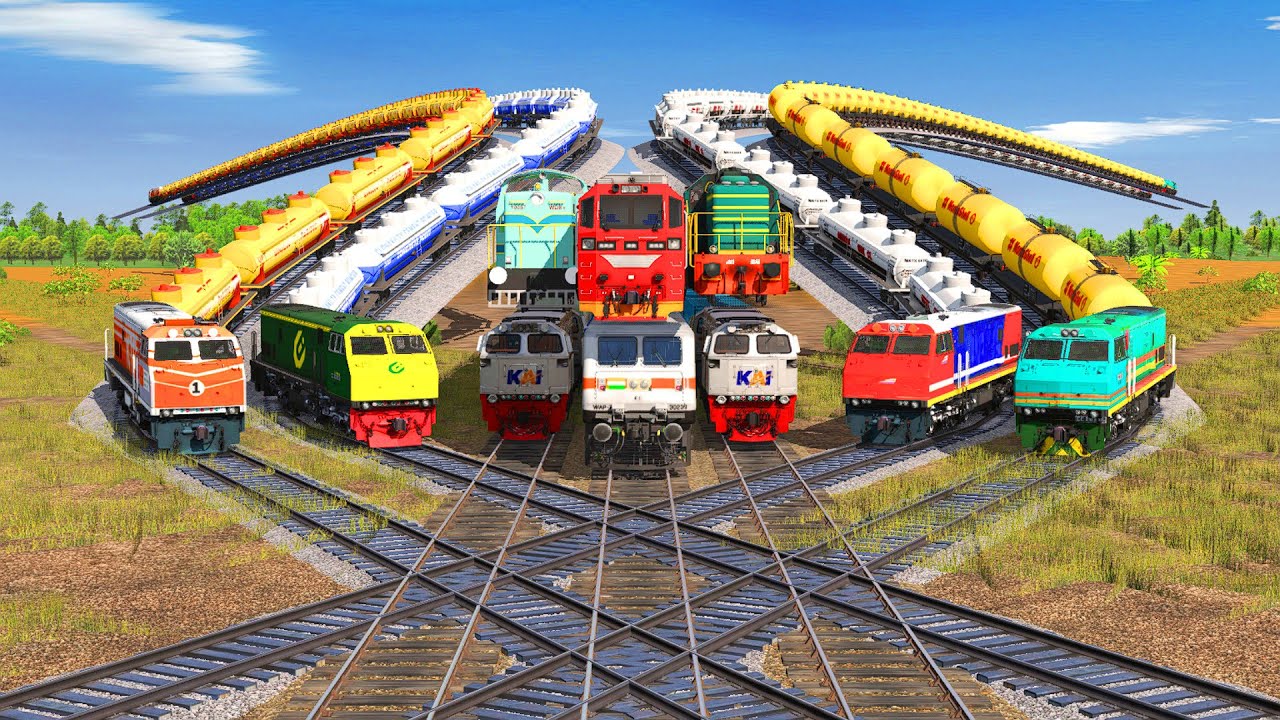 10 TRANSPORTING FREIGHT TRAINS COSSING ON TOP AT BUMPY RAILROAD TRACK ...