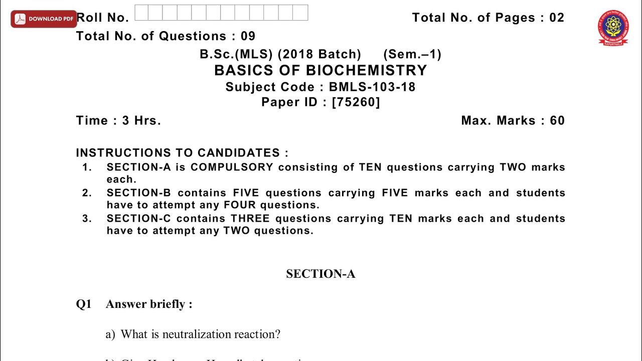 BSC MLS 1ST SEM BASIC OF BIOCHEMISTRY DEC 2018 | PTU - YouTube