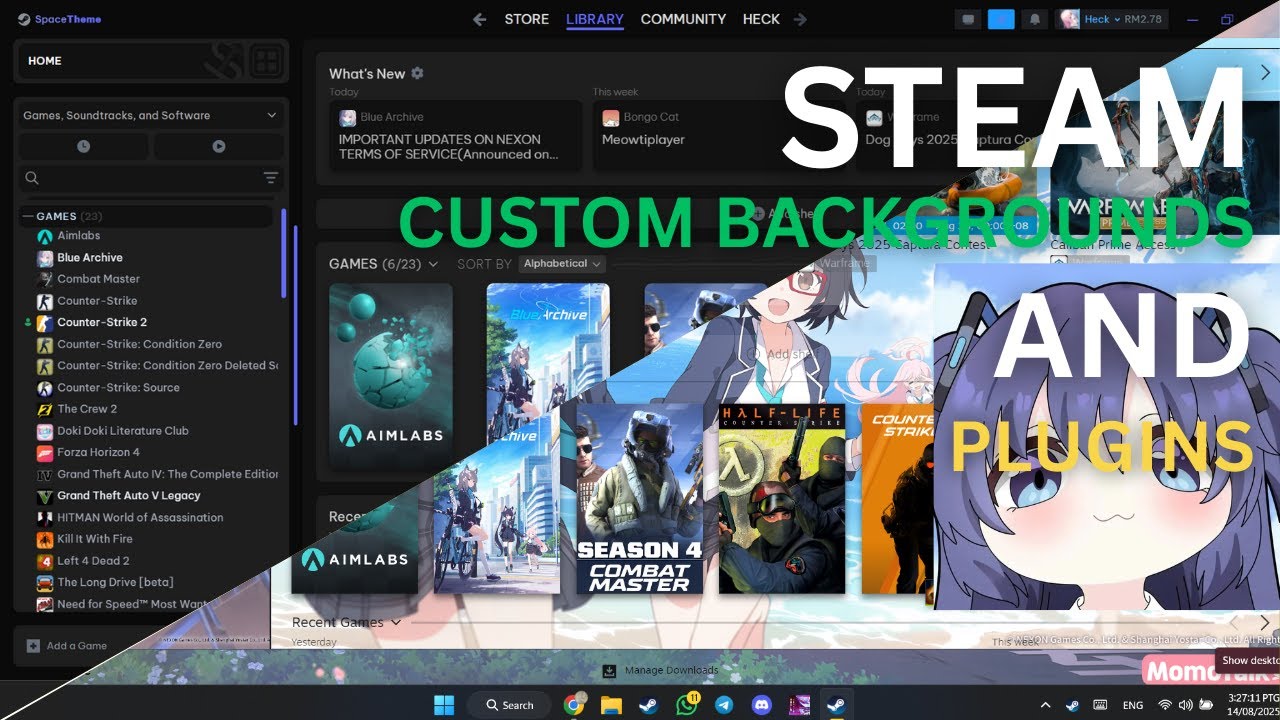 HOW TO ADD CUSTOM BACKGROUNDS AND PLUGINS TO YOUR STEAM CLIENT [MILLENIUM TUTORIAL, BLUE ARCHIVE ...