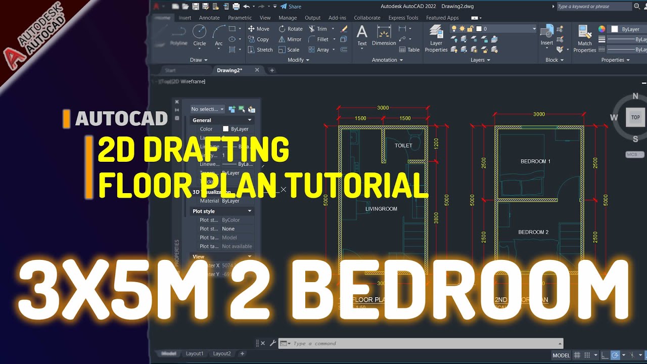 Exercise 04 AutoCAD Basic 3x5M Floor Plan 2 Bedroom Tutorial For ...