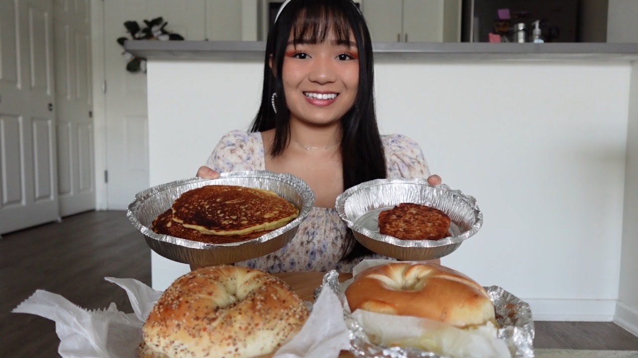 let's have brunch! | pancakes, bagels, and hash browns mukbang - YouTube
