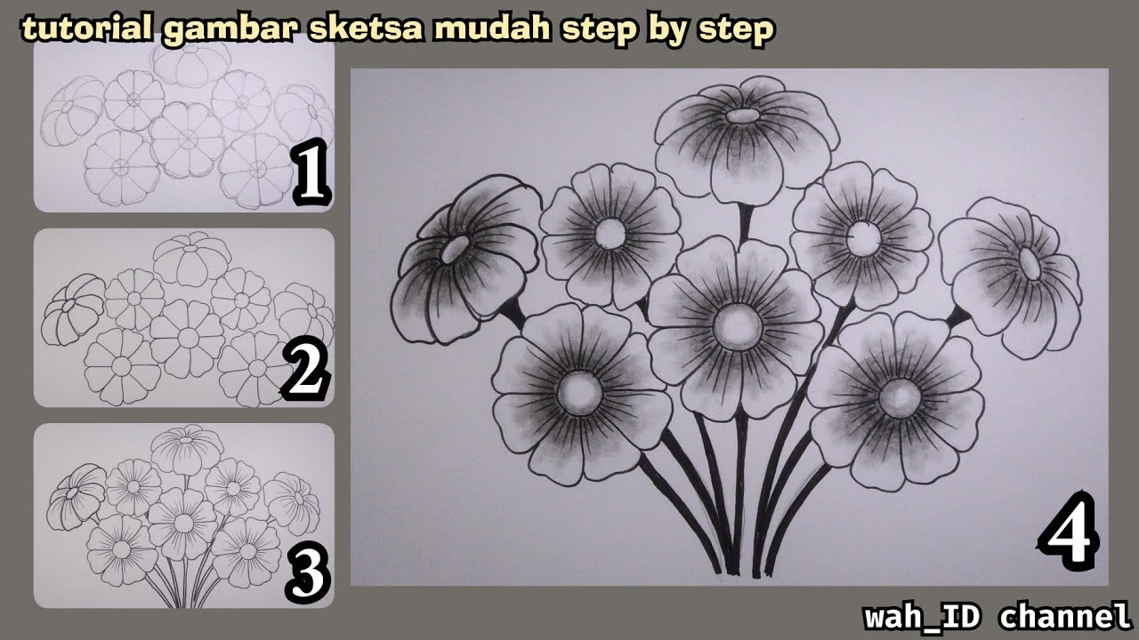 belajar menggambar sketsa mudah | gambar seikat bunga | step by step ...