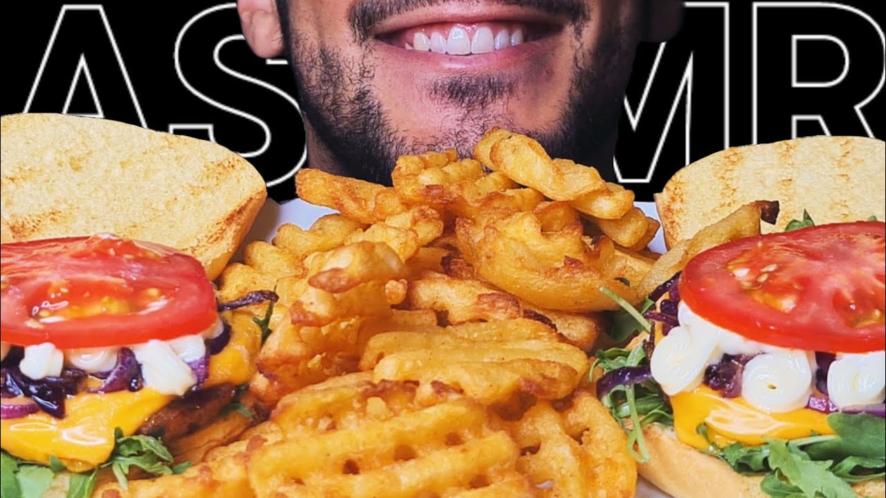 ASMR CHEESEBURGER & WAFFLE FRIES (EATING SOUNDS) NO TALKING MUKBANG ...