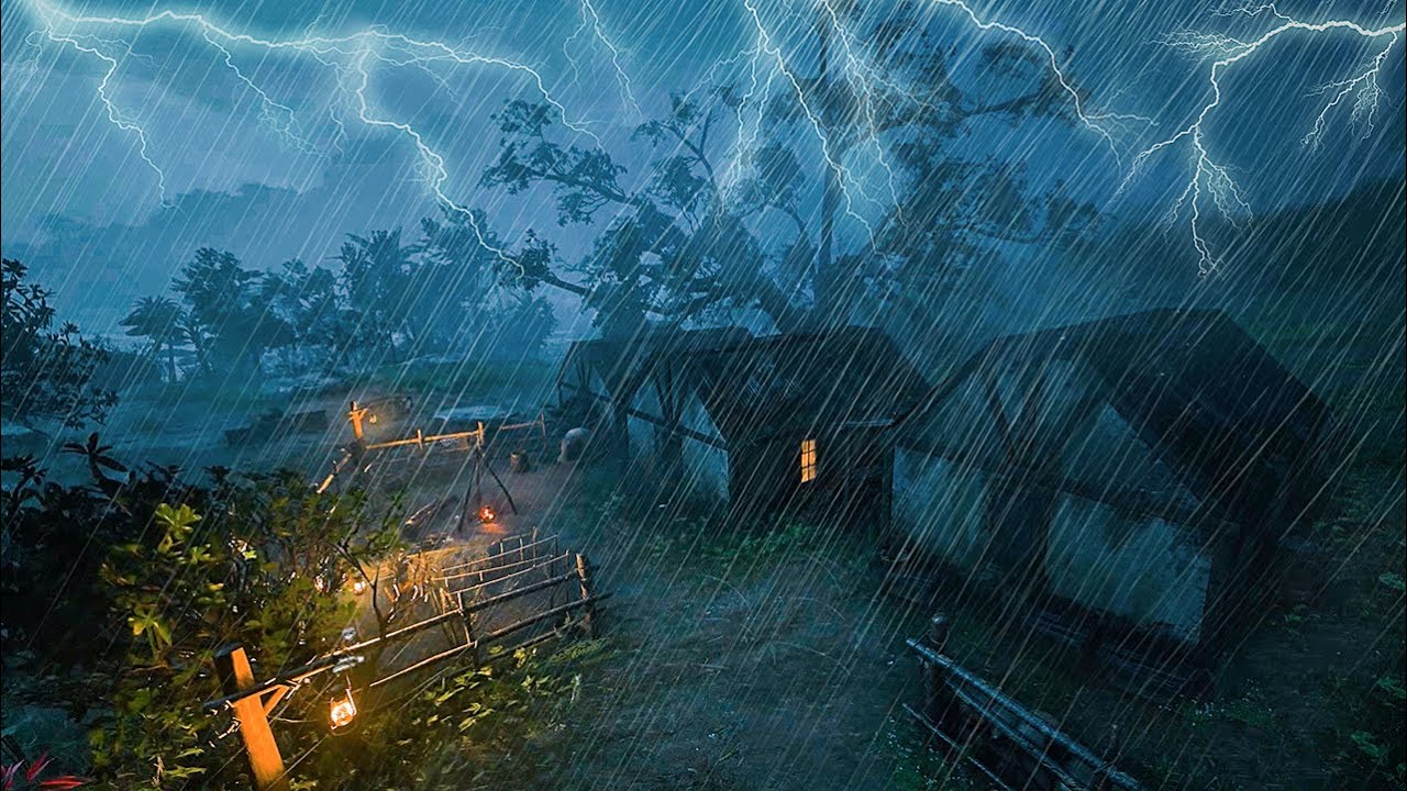 Thunderstorm in the seaside village with heavy rain, howling wind ...