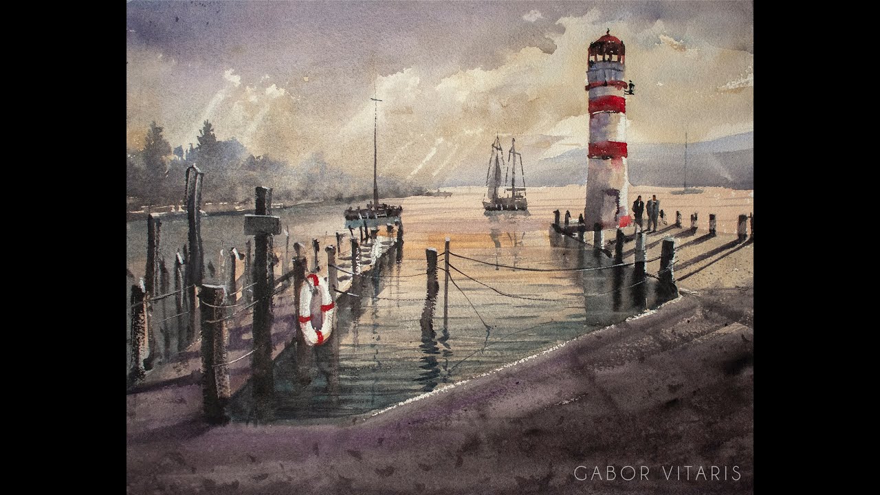Watercolor Painting Time Lapse 030 - Podersdorf Lighthouse - by Gabor ...