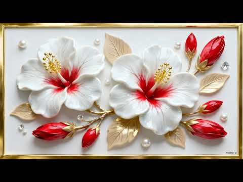 Vibrant Red Hibiscus 3D Floral Art | 2 Hour Golden Frame TV Screensaver | 4K Luxury View