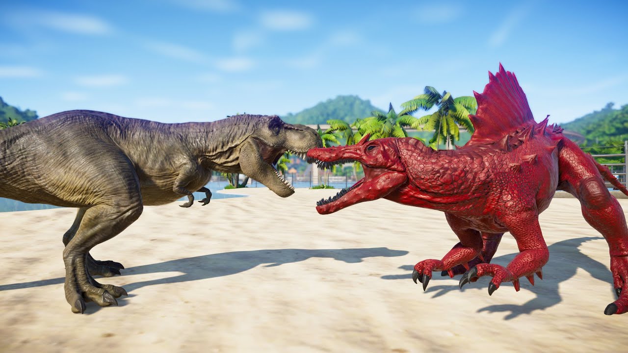 T-REX vs Red Alien SPINOSAURUS Dinosaur Battle Fight Jurassic World ...