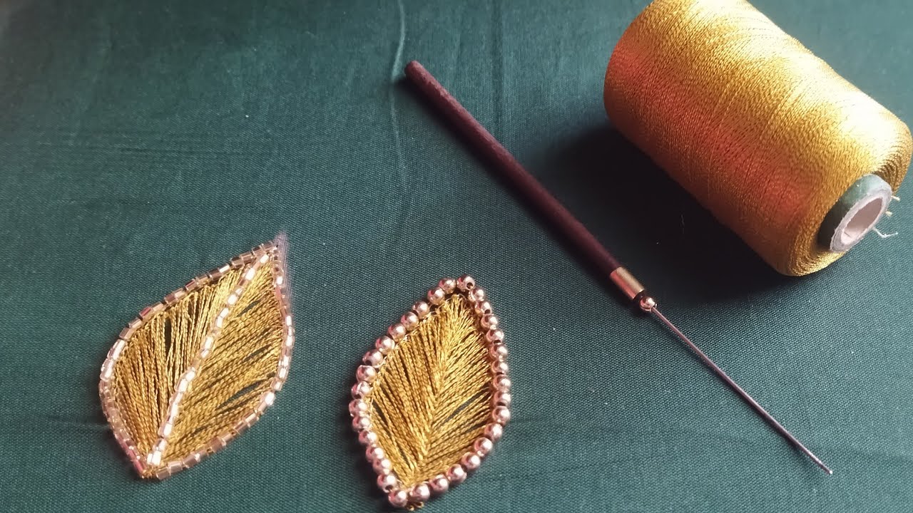 Leaf design (golden zari thread) aari work hand embroidery for ...