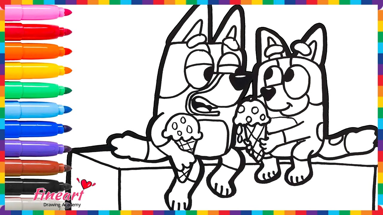How to Draw and Color Bluey and Bingo Eating Ice Cream! 🐶🍦🌳🌈 Easy Kids ...