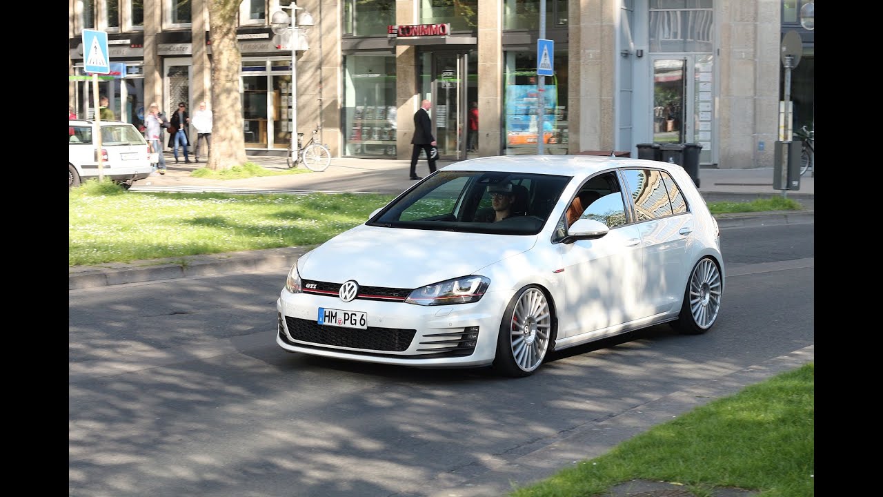 Girl driving tuned low VW Golf 7 GTI - loud acceleration sound! - YouTube