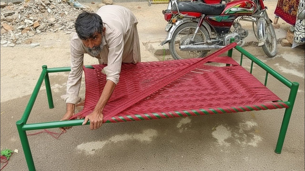 Artistic Technique of Weaving a Cot | Wonderful Designed Nylon Rope Cot ...