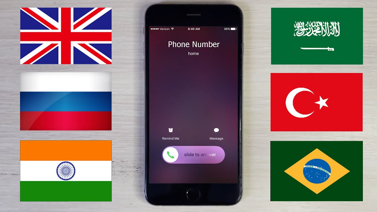 iPhone incoming call in 20 different languages - YouTube