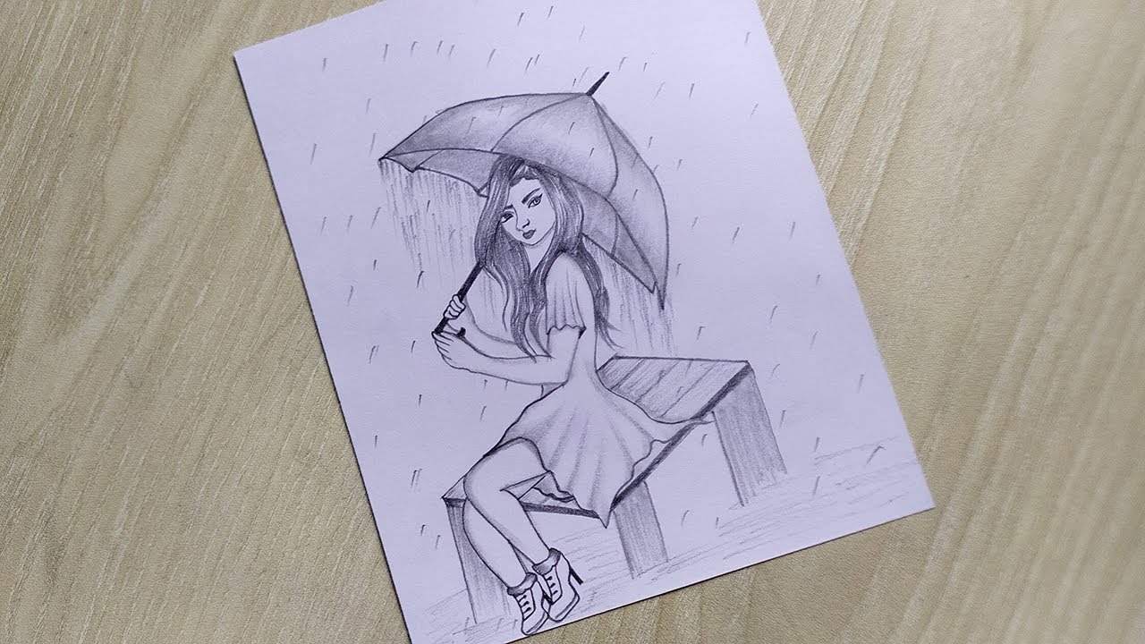 Girl Sitting Alone In Rain Drawing