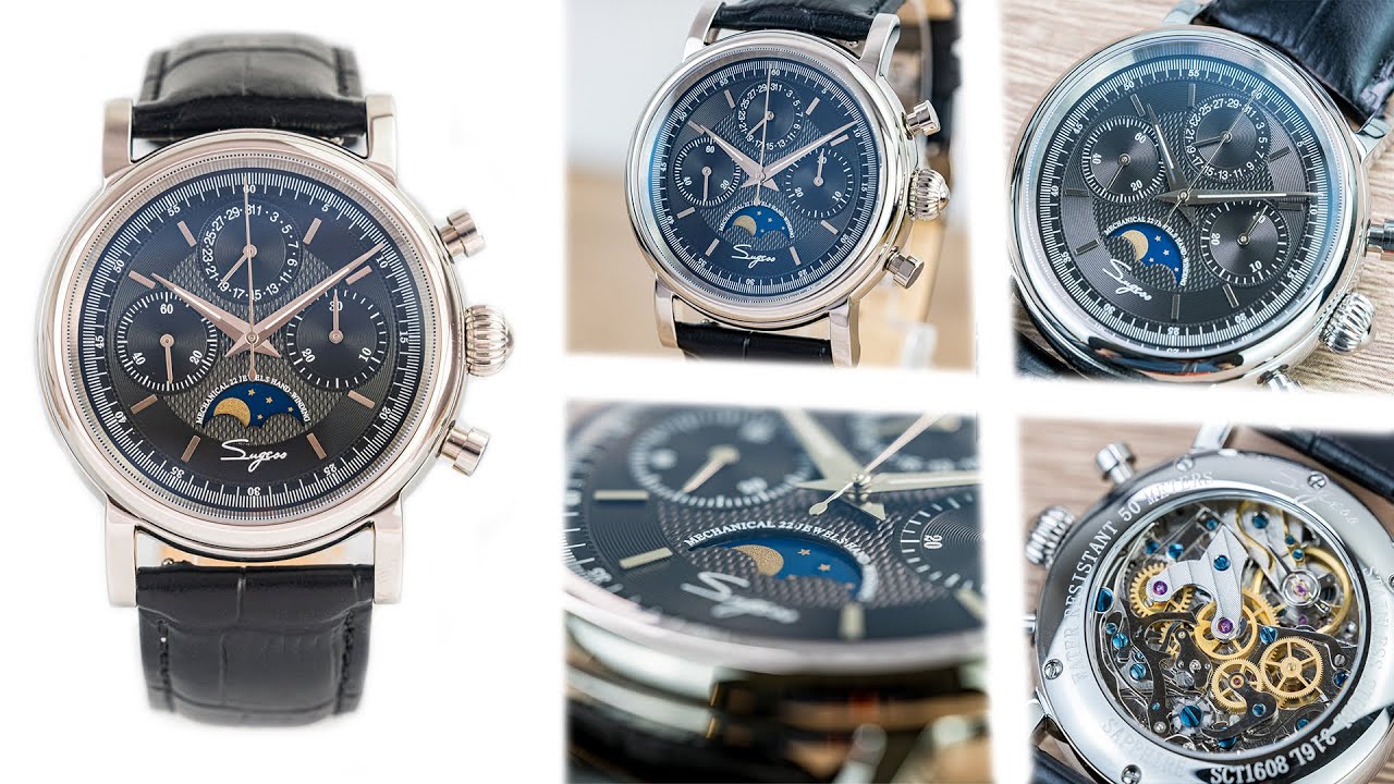 Sugess Pilot Watch Moonphase Moon Phase Chrono Black Swan Neck ST19 ...