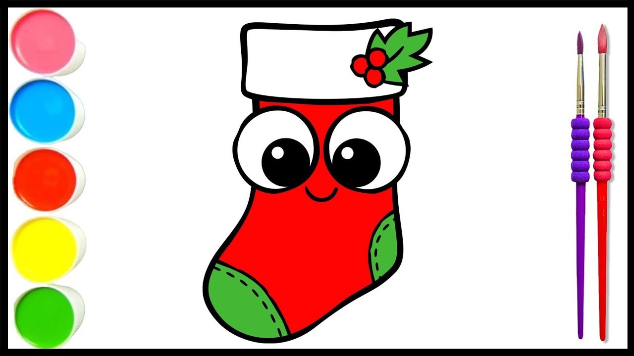 How to Draw a Christmas Cute Sock Painting and Coloring for Kids and ...