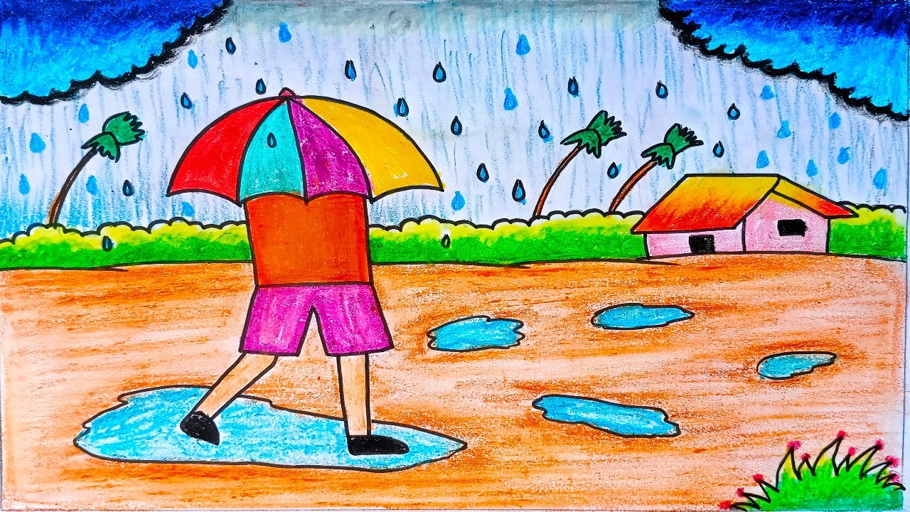 Easy Scenery Drawing || Rainy Season Scenery Drawing With OIl Pastel ...