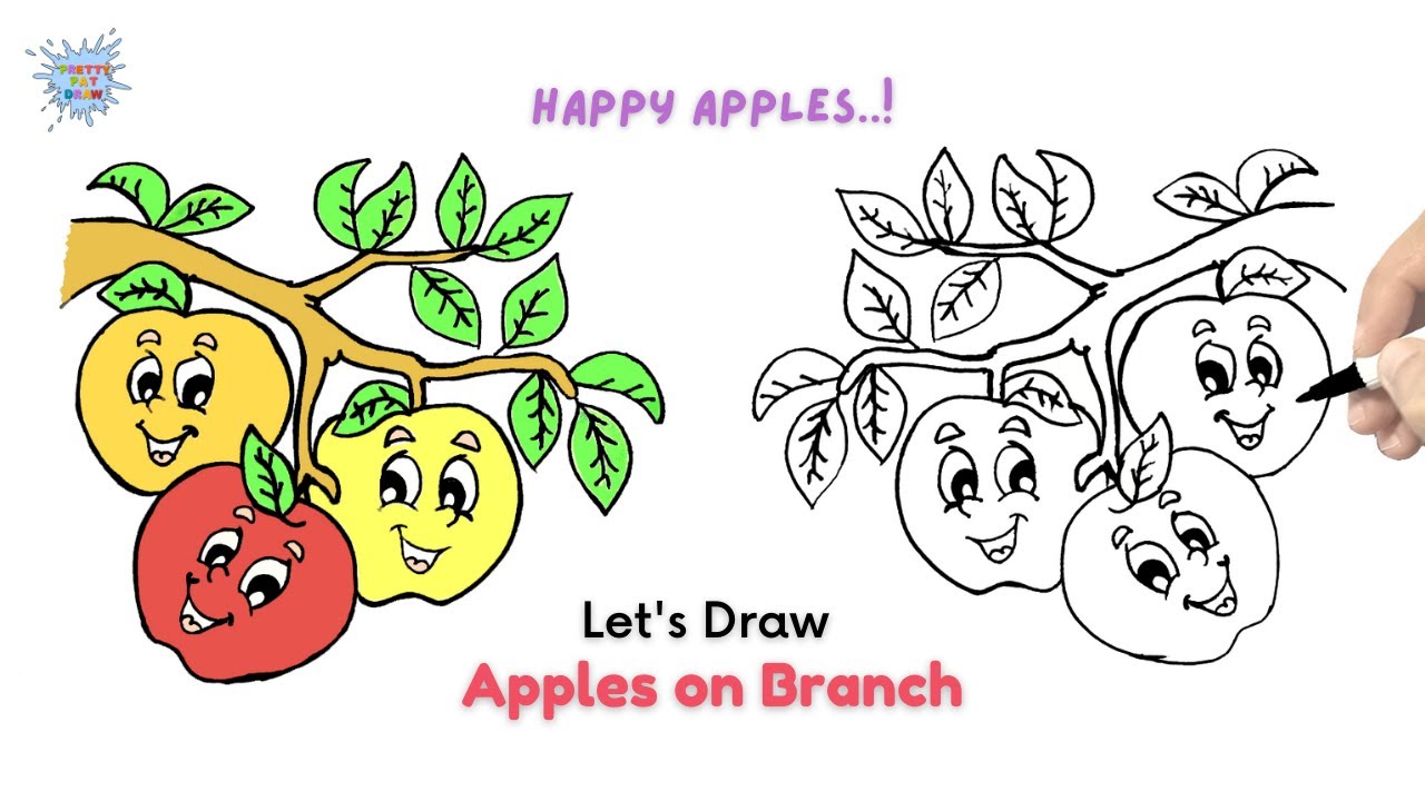 How to Draw Happy Apples on a Branch - Easy Apple Drawing - YouTube