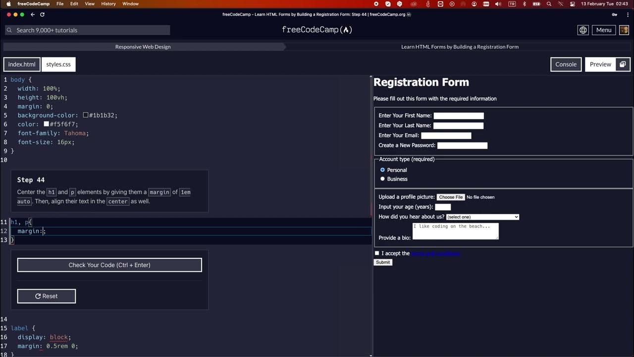 LEARN HTML FORMS BY BUILDING A REGISTRATION FORM STEP 44 #freecodecamp #learncss # ...