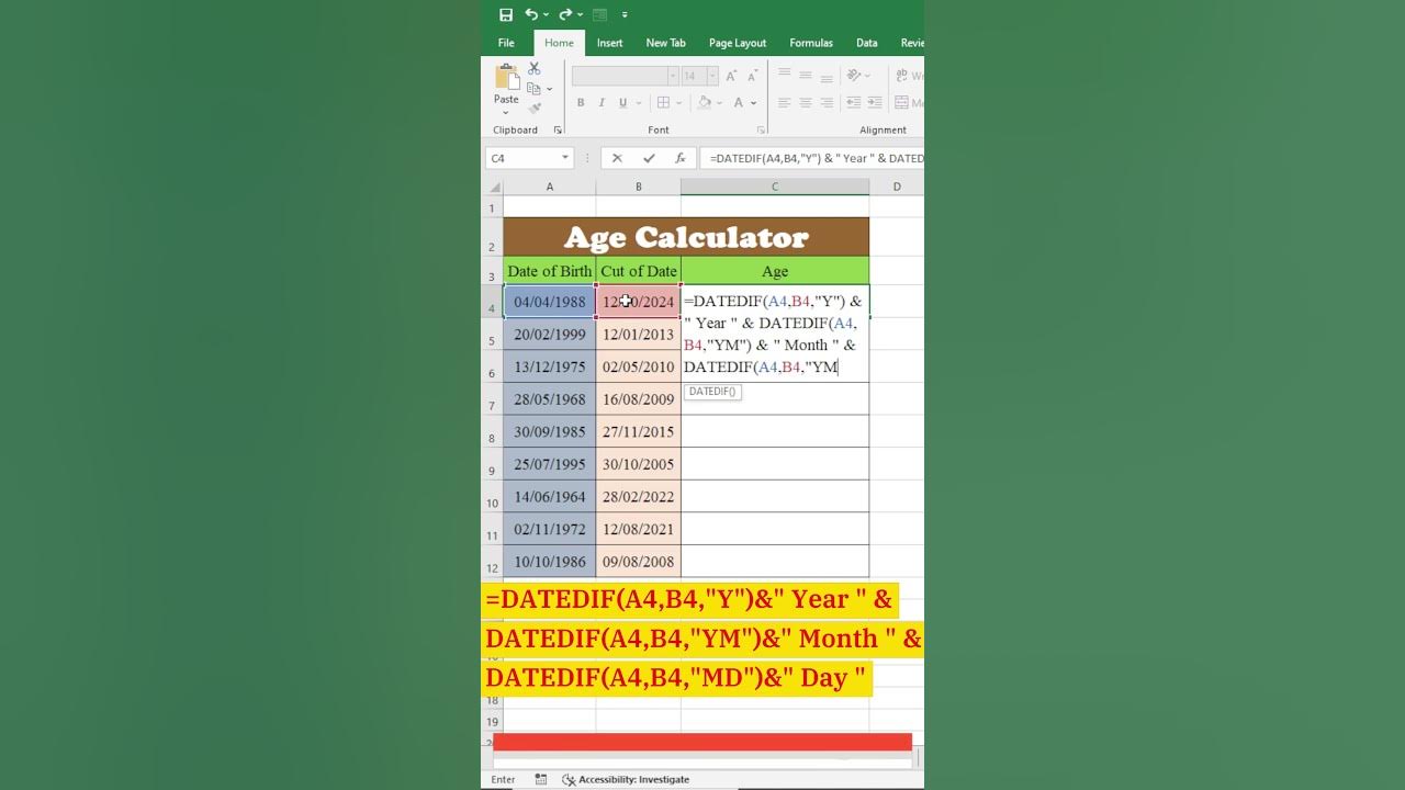 Age Calculator#MS Excel#exceltips #shortsvideo - YouTube