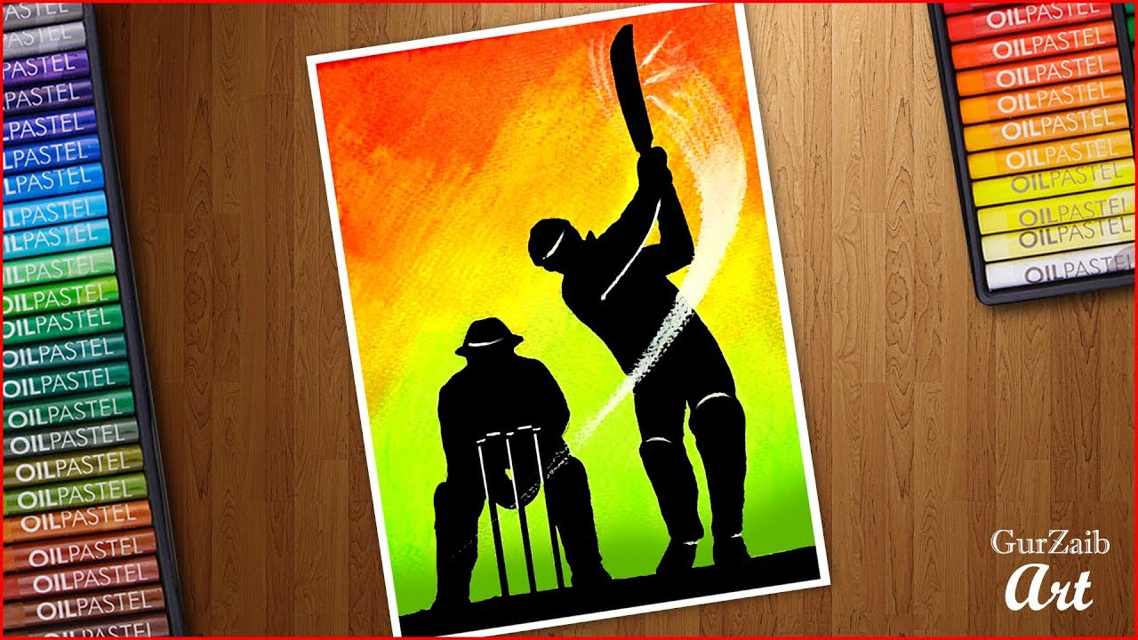 How to draw cricket batsman playing and wicket keeper || oil pastels ...