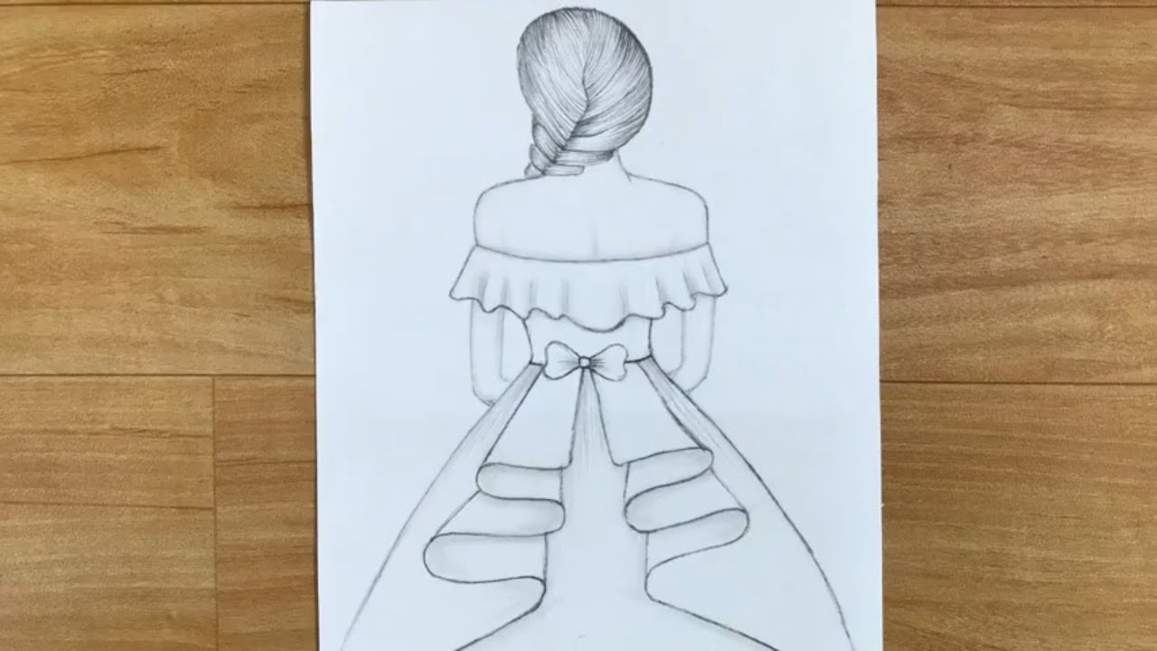 How to draw a girl with beautiful dress from back side || Pencil ...