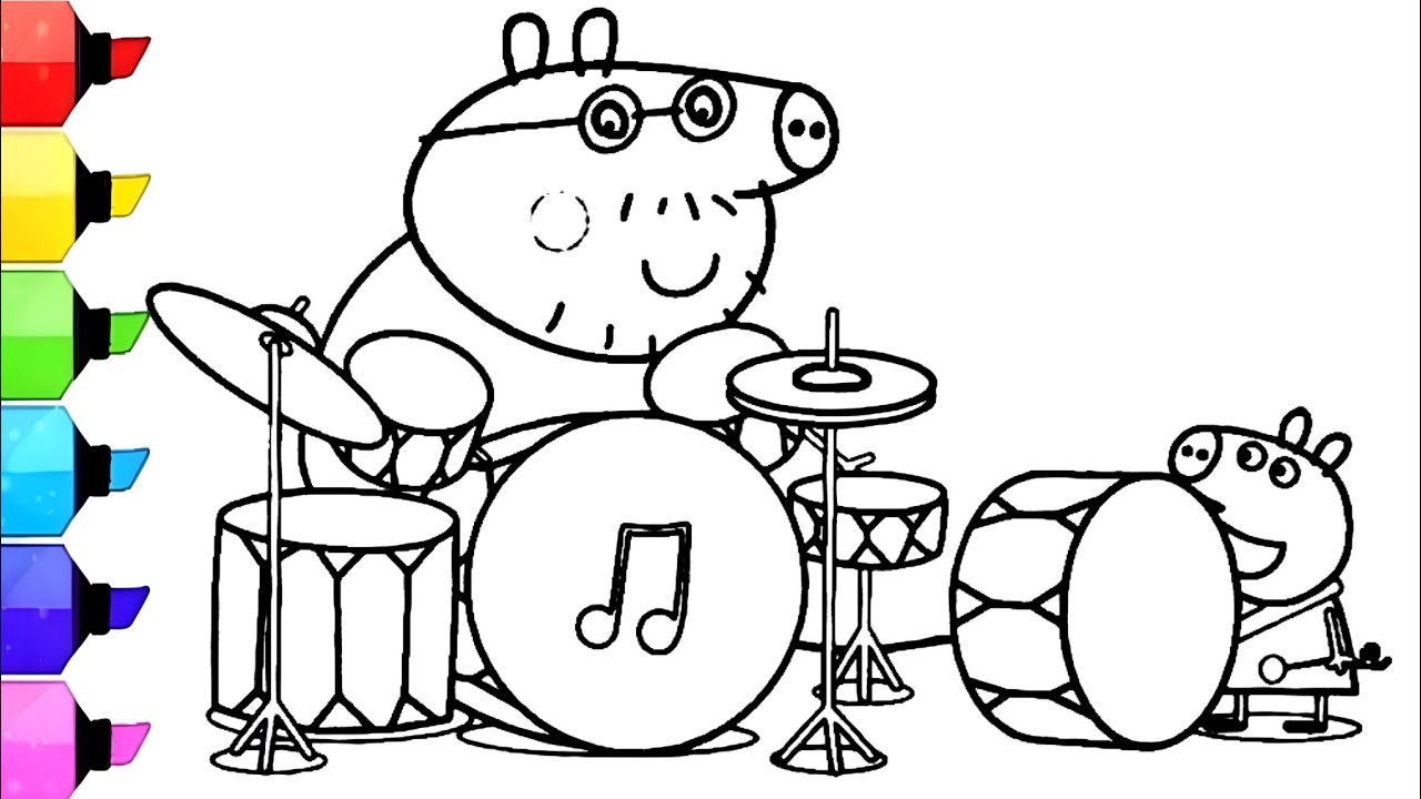 Peppa and Daddy Pig are Playing Drums Drawing, Painting and Coloring ...