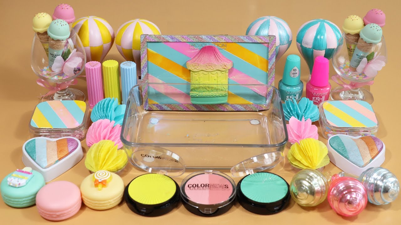 Mixing 'Pink,Mint,Yellow' Eyeshadow,Makeup and glitter Into Slime ...