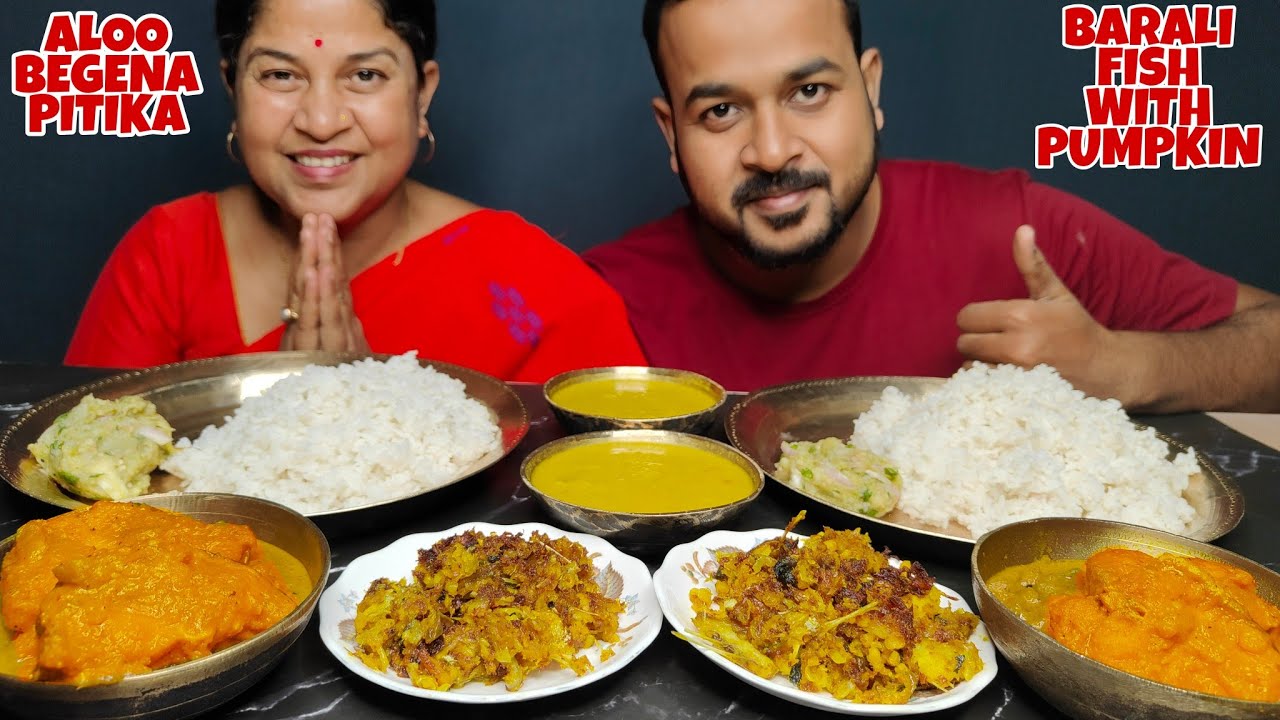 BARALI FISH WITH PUMPKIN,BARALI FISH FRY,DAL FRY,ALOO BEGENA PITIKA ...