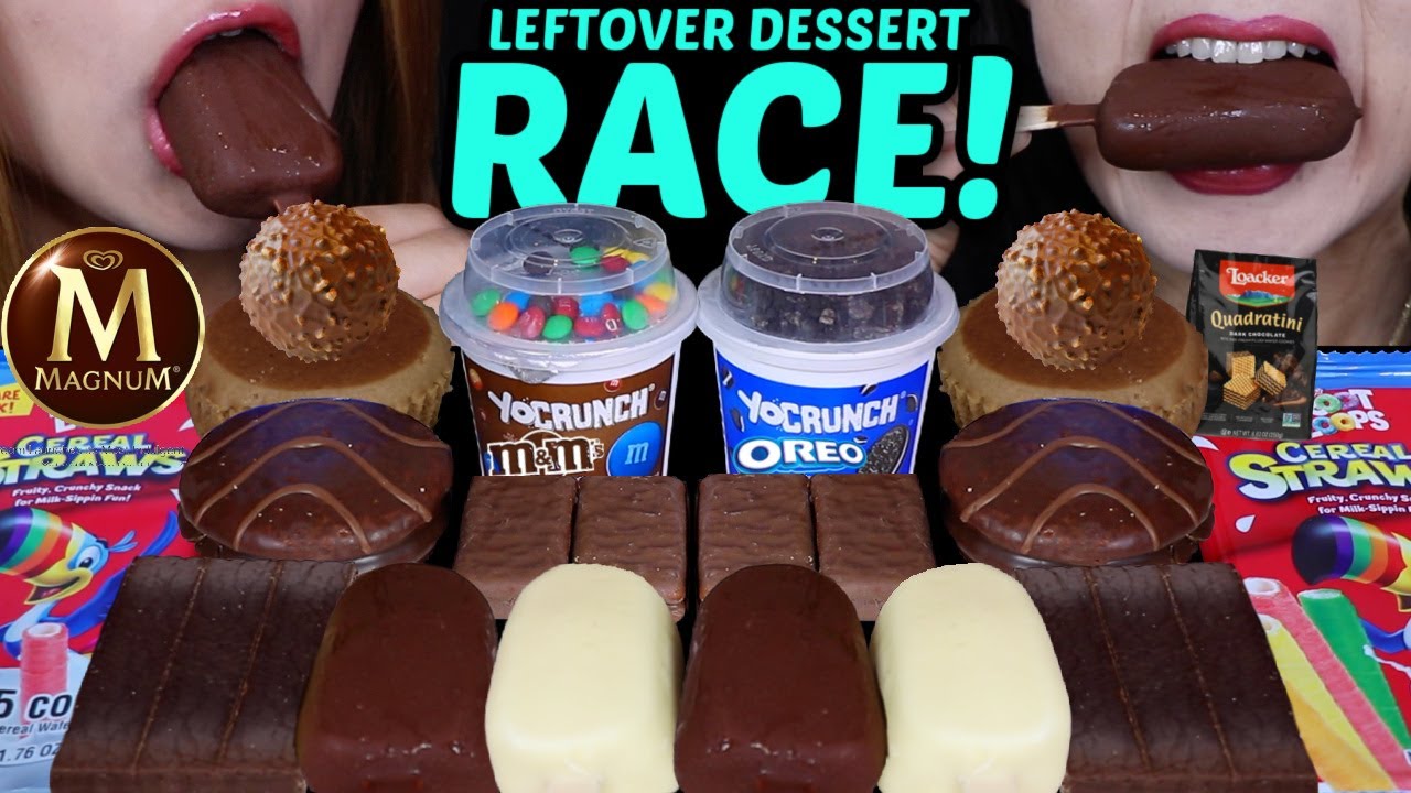 ASMR LEFTOVER DESSERT RACE! M&MS OREO DESSERT CUPS, MINI MAGNUM ICE ...