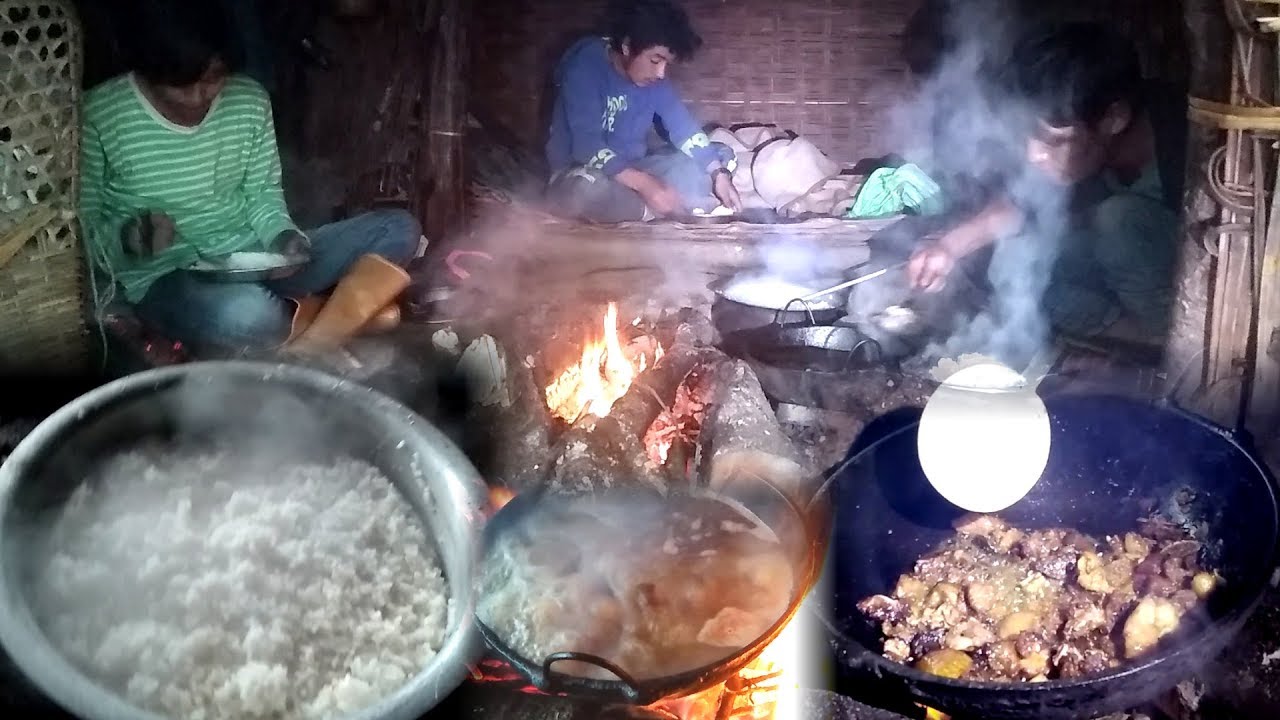 Cooking Dinner & Eating in the cow hut || All herdsmen taking dinner ...