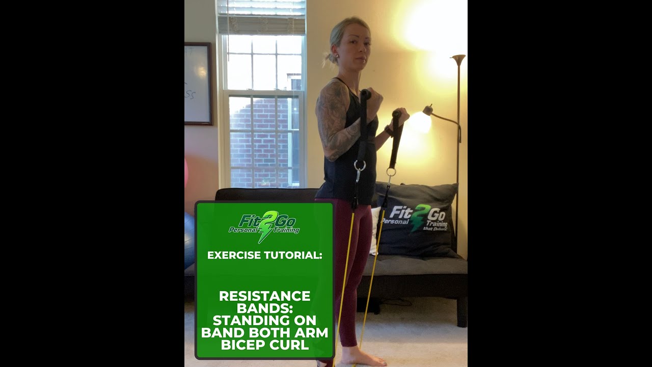 Biceps- Resistance Bands standing on band both arm bicep curl - YouTube