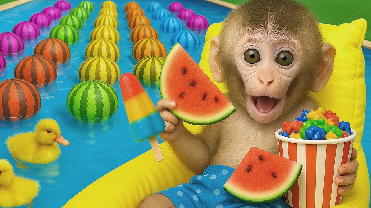 Mono CoCo disfruta de sandías de colores en la piscina de casa con ...
