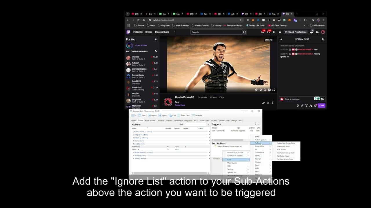 Adding an ignore list for Sub-Actions in Streamer.Bot using C# - YouTube