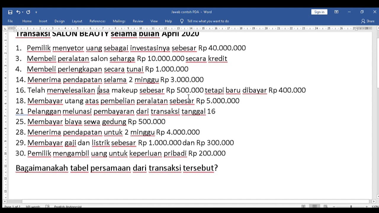 Cara Mencatat Transaksi Pada Tabel Persamaan Dasar Akuntansi - YouTube