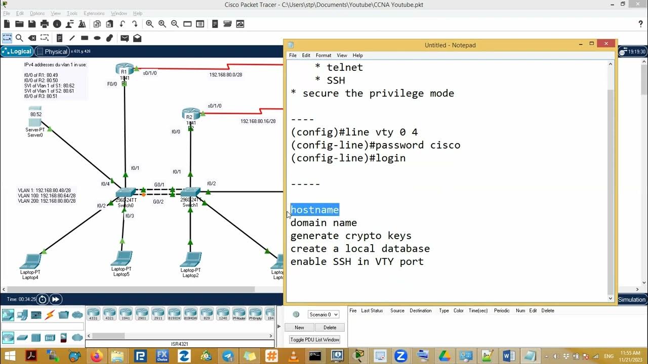 CCNA travaux pratiques Partie 7_SSH (Secure Shell configuration) dans équipements Cisco - YouTube