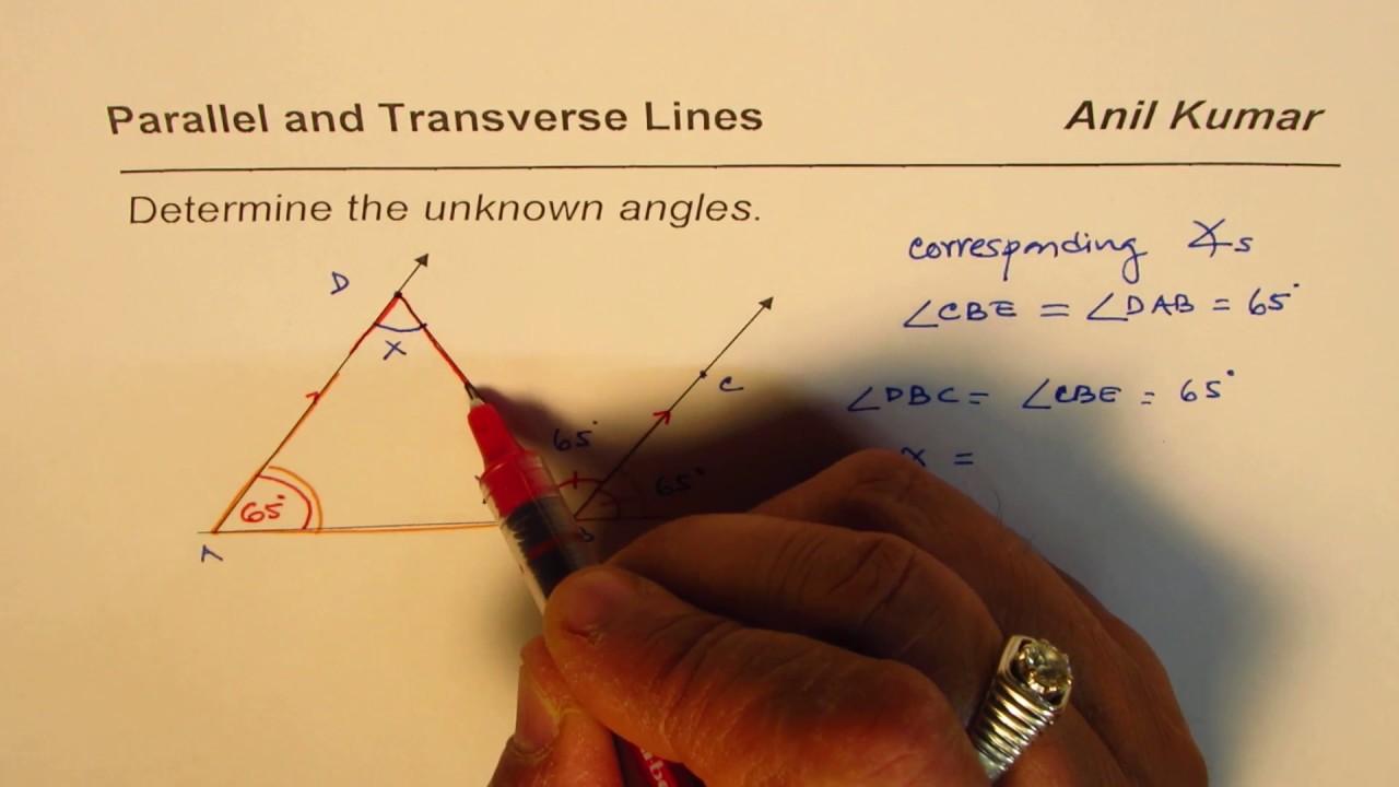 Parallel Line Transverse and Two Equal Angles Given - YouTube