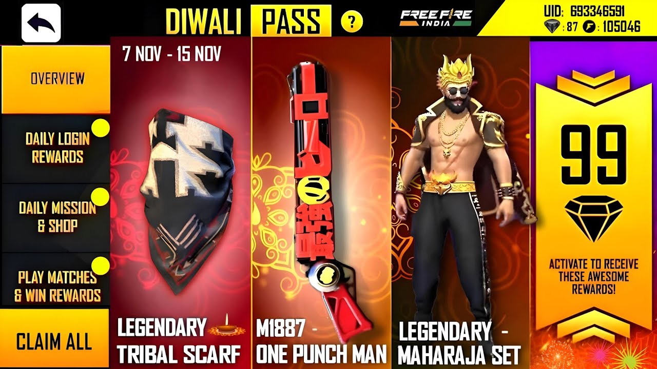 Diwali Pass Event 2023 | Free fire Diwali Event 1 November| Diwali Pass ...