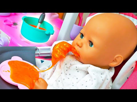 Pretend to play cooking toy food for Baby Annabell doll. Baby Reborn doll stories for kids.