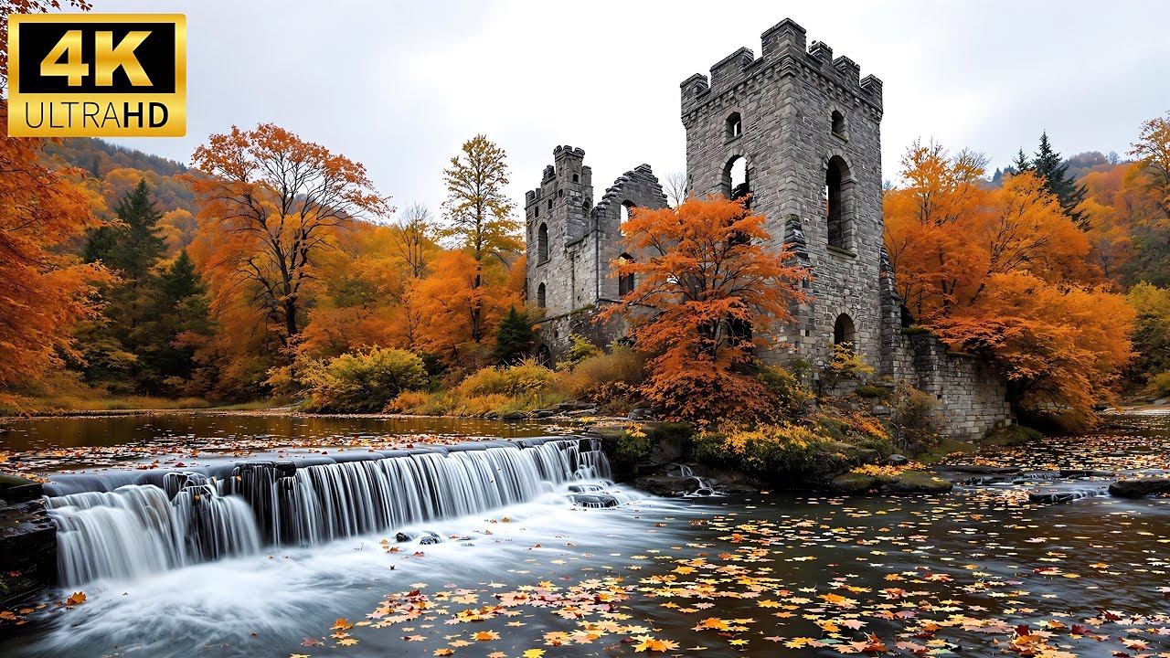 “Autumn Castle Ruins by the Waterfall – Cinematic Fantasy Ambience in ...