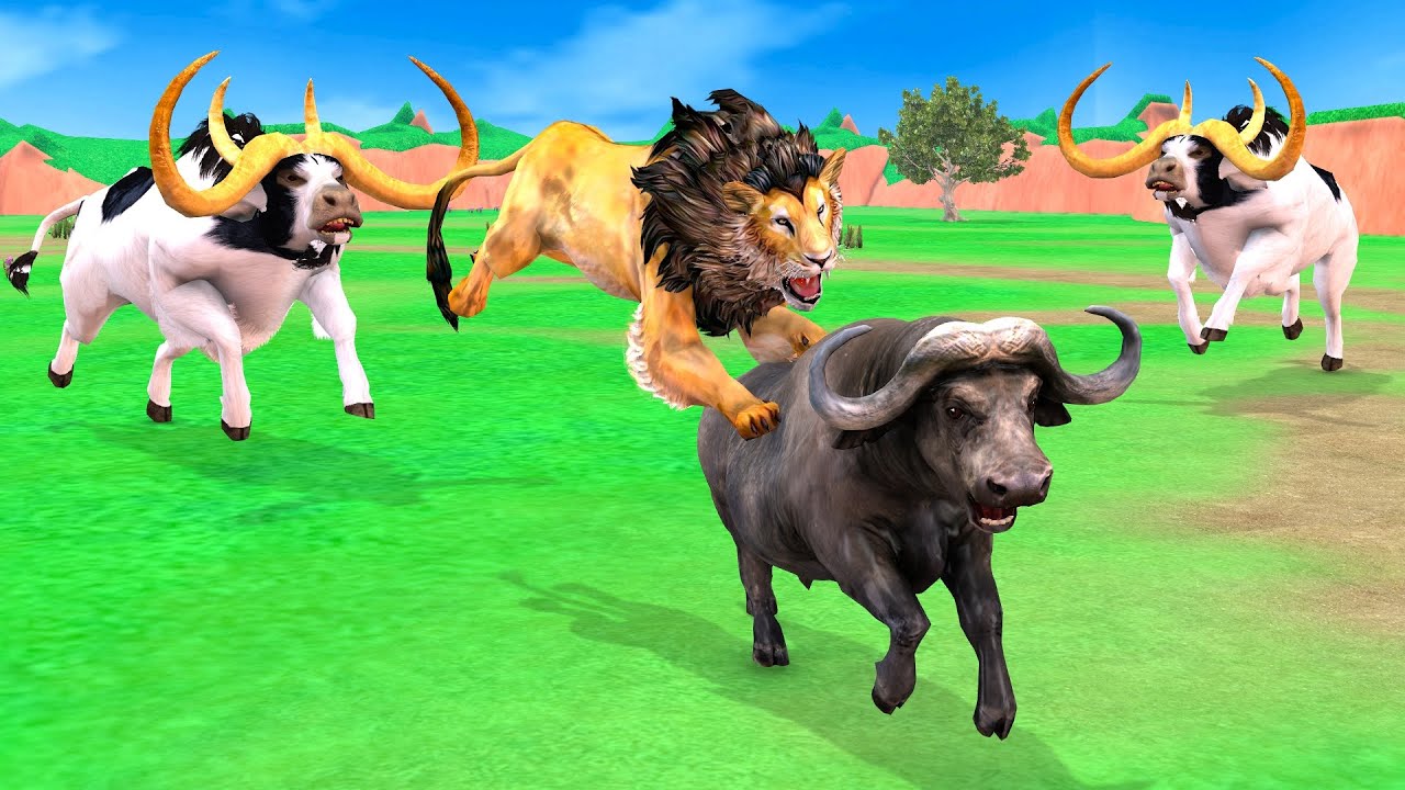 Giant bulls vs Lion | Cartoon Cow Sad Story | The Battle Protects The ...