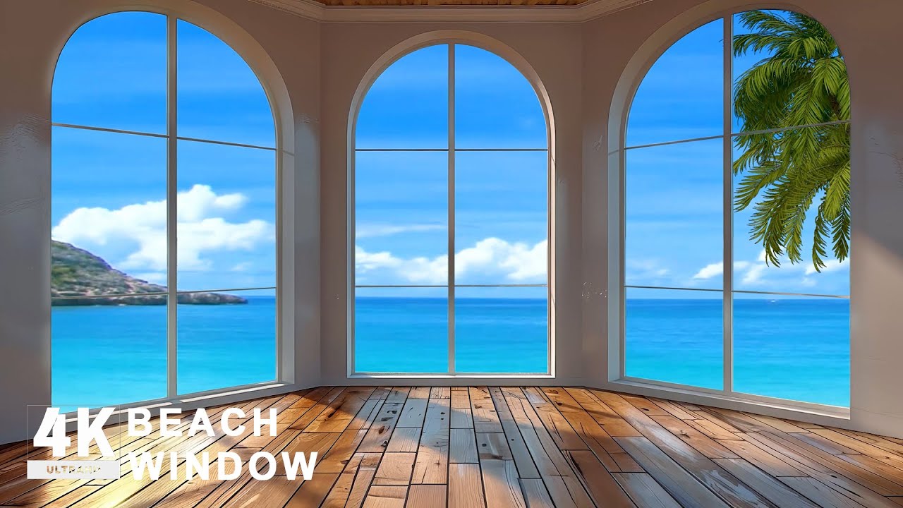 4K Beach Window View Relaxing Waves - Palm Trees, Ocean Sounds, Waves ...