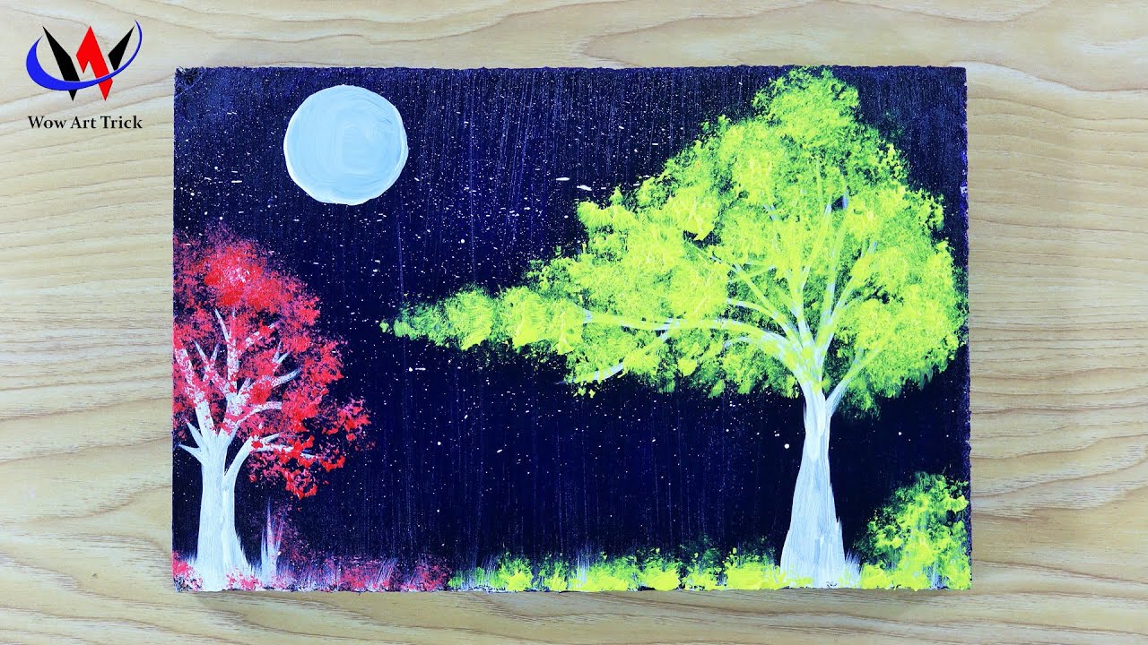 Beautiful Full Moon Night Scenery Drawing ! How to Acrylic Tree ...