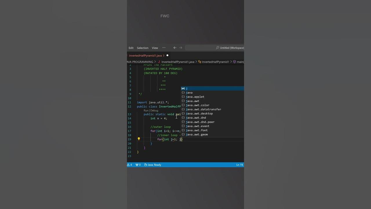 Half Pyramid is Inverted Rotated 180 Degree| Java pattern Program| Java Programming | #shorts # ...