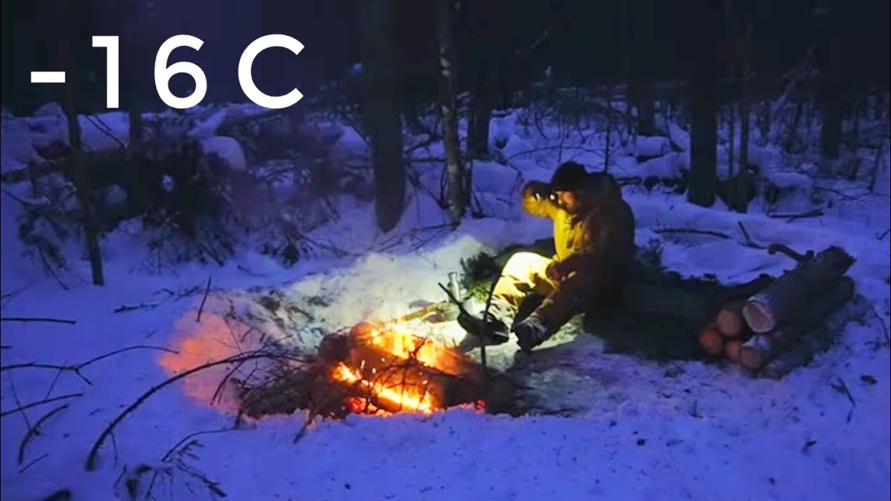 Winter Survival Camping with Long Fire - No Tent, No Sleeping bag (-16c) - YouTube