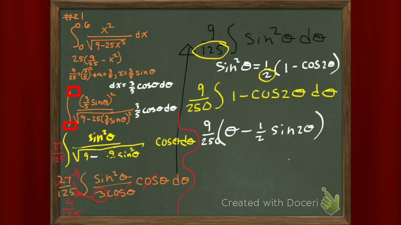 Definite integration by trigonometric substitution example 3 - YouTube
